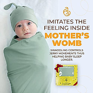 LUBELLA SUPPLY COMPANY Stretchy Swaddle Blankets for Baby Boy & Girl - Newborn Swaddles 0-3 Month - Large 47" Bamboo Swaddle Blankets and Hat Set (Sage Green)
