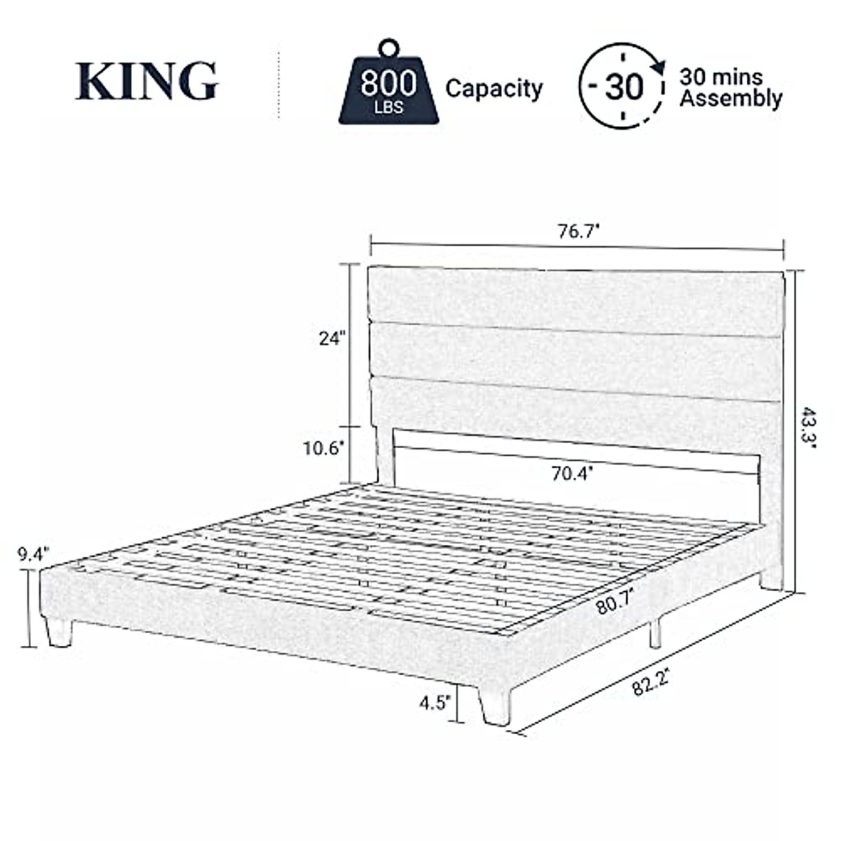 Allewie King Size Platform Bed Frame with Fabric Upholstered Headboard and Wooden Slats Support, Fully Upholstered Mattress Foundation/No Box Spring Needed/Easy Assembly, Navy Blue