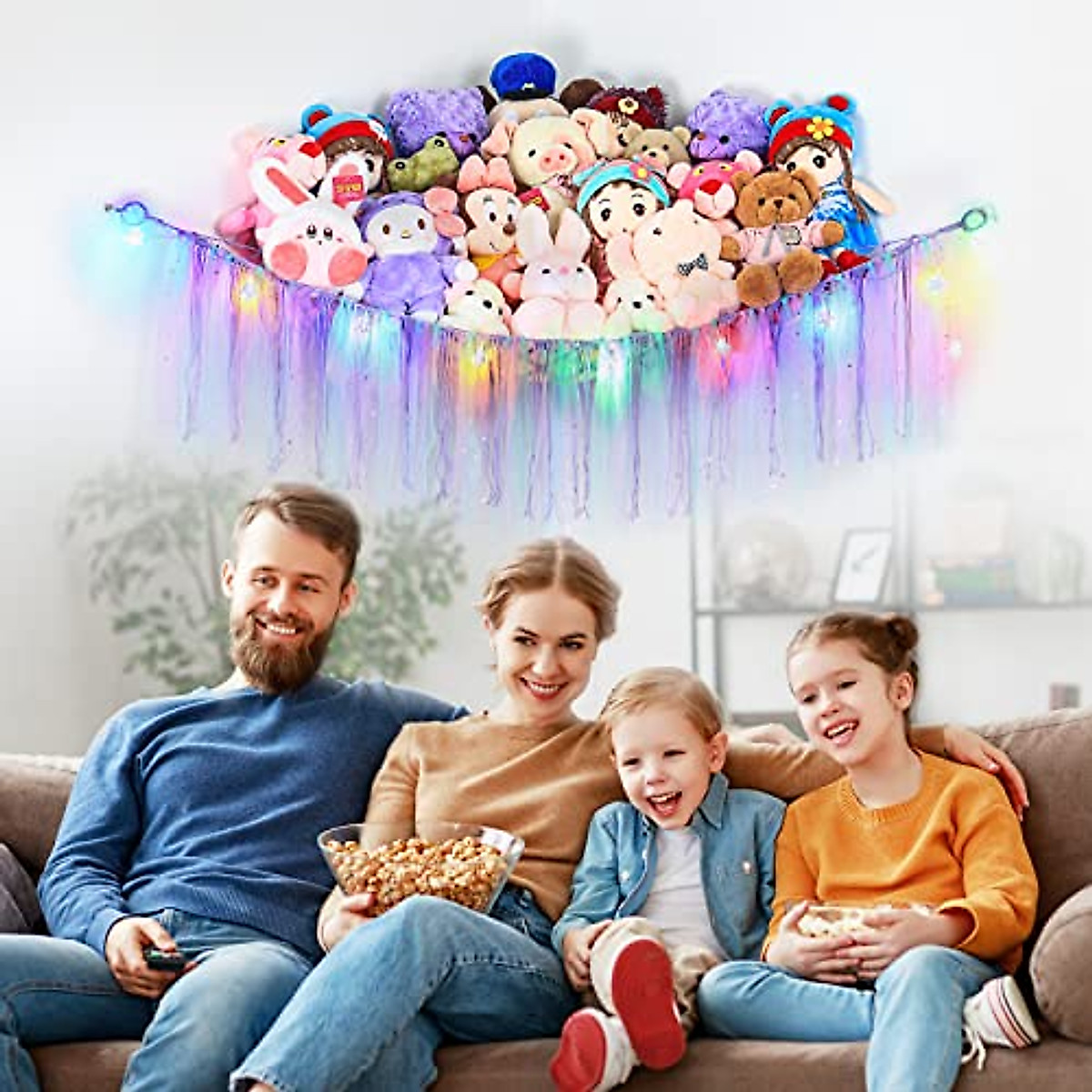 Stuffed Animal Net or Hammock with LED Light, Toy Hammock Hanging Stuffed Animal Storage Organizer Holder Room Décor with Tassels for Nursery Play Room Kids Bedroom (Purple)