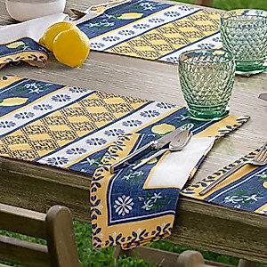 Home Bargains Plus Provence Blue Lemon Mediterranean Garden Country French Fabric Tablecloth, Indoor Outdoor, Stain and Water Resistant, Wrinkle Free Tablecloth, 60” x 144” Oblong/Rectangle