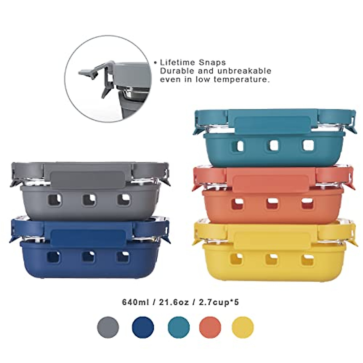 GENICOOK Borosilicate Tempered Glass Food Storage Containers with Glass Lid - Food Grade Silicone Wrap & Air Release Vent, Rectangle shape - 10 pc set (5 Containers - 5 Matching Lids) Multi-colored