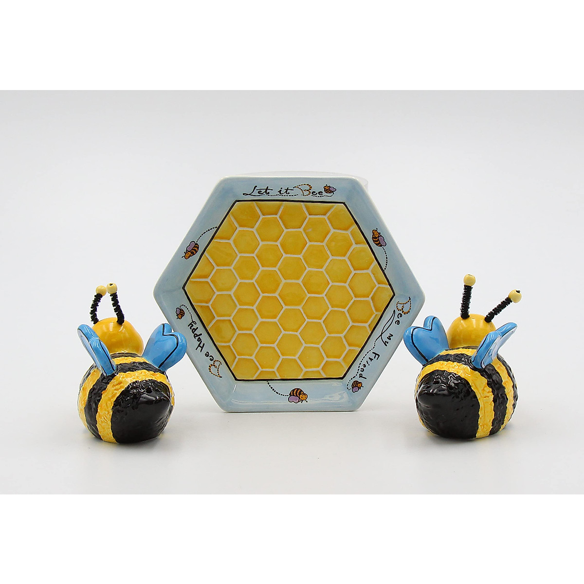 Appletree 2-Inch Ceramic Bee Salt and Pepper with Honeycombed Tray, Yellow