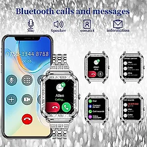 Smart Watch for Women Diamonds(Answer/Make Call),1.29''HD Touch Screen Smart Watch Android,Fitness Tracker with Heart Rate/Blood Oxygen/Sleep Monitor,Waterproof Smartwatch 3 Strap (Diamond Silver)