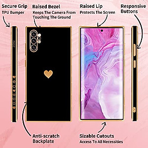 Shorogyt (3in1 Heart Case for Samsung Galaxy Note 10 Plus 5G/4G 6.8 Inch Women Cute Aesthetic Love Hearts Pattern Girls Black Gold Luxury Girly Design Cases Cover+Screen+Chain for Note 10+ 6.8”
