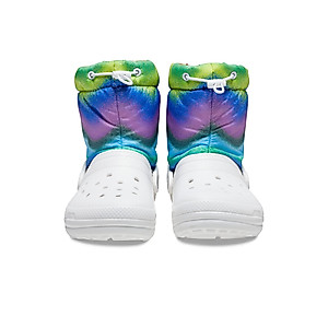 Crocs Classic Lined Neo Puff Fuzzy Winter Boots Snow, White/Multi Spray Dye, 2 US Unisex Little Kid