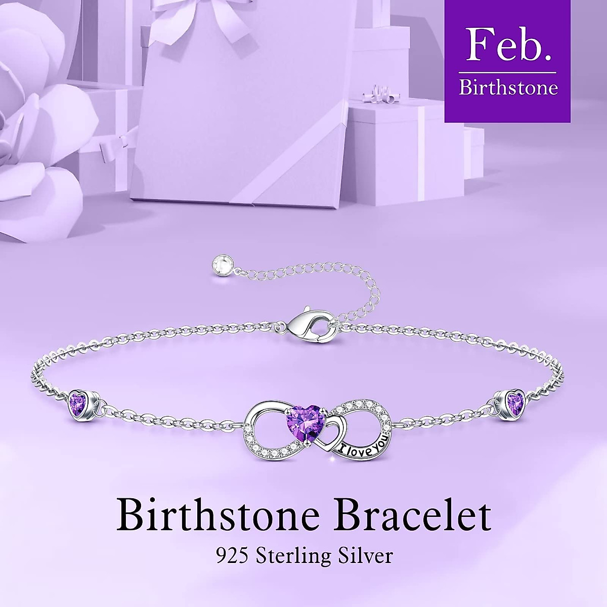 Love Heart Birthstone Bracelet for Women, 925 Sterling Silver Birthstone Zirconia Anniversary Valentines Day Gifts for Her Mothers Day Christmas Birthday Gifts for Women Teen Girls, Created Amethyst