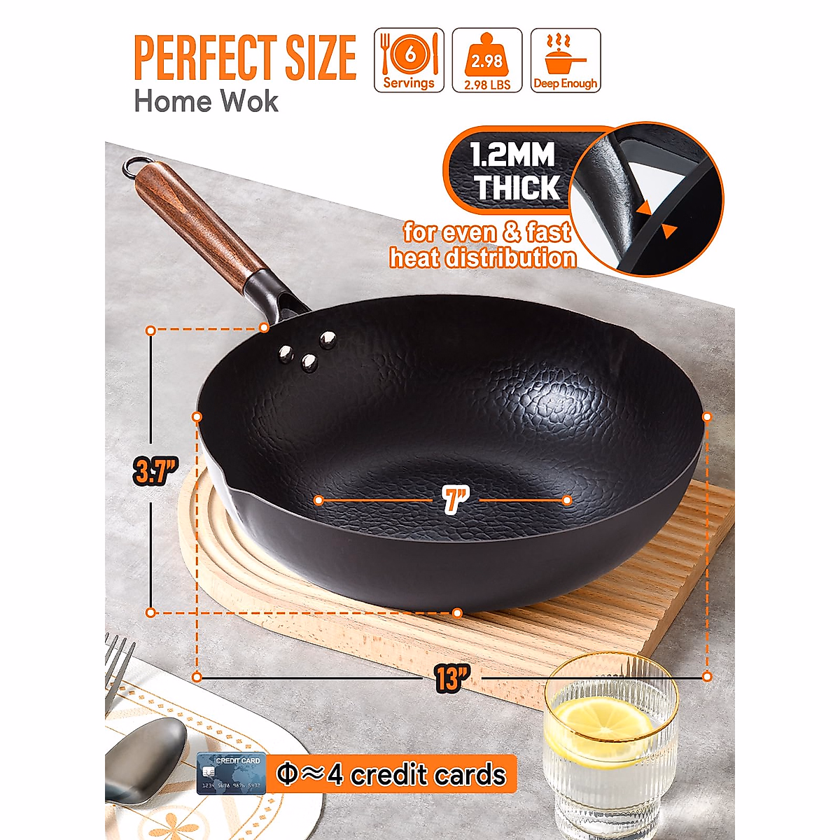 BrBrGo Carbon Steel Wok Pan, 5 Piece Authentic Chinese Wok & Stir-Fry Pans Set with Wooden Lid, No Chemical Coated Flat Bottom Chinese Woks Pan for All Stoves-13“