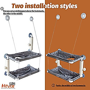HOZOE Cat Window Perch, A Large Double-Layer Cat Hammock That Can Accommodate Multiple Cats at The Same Time, with Two Scratching Posts, Indoor Cat Ledge and Cat Bed Frame, Which Can Bear 50 Pounds…
