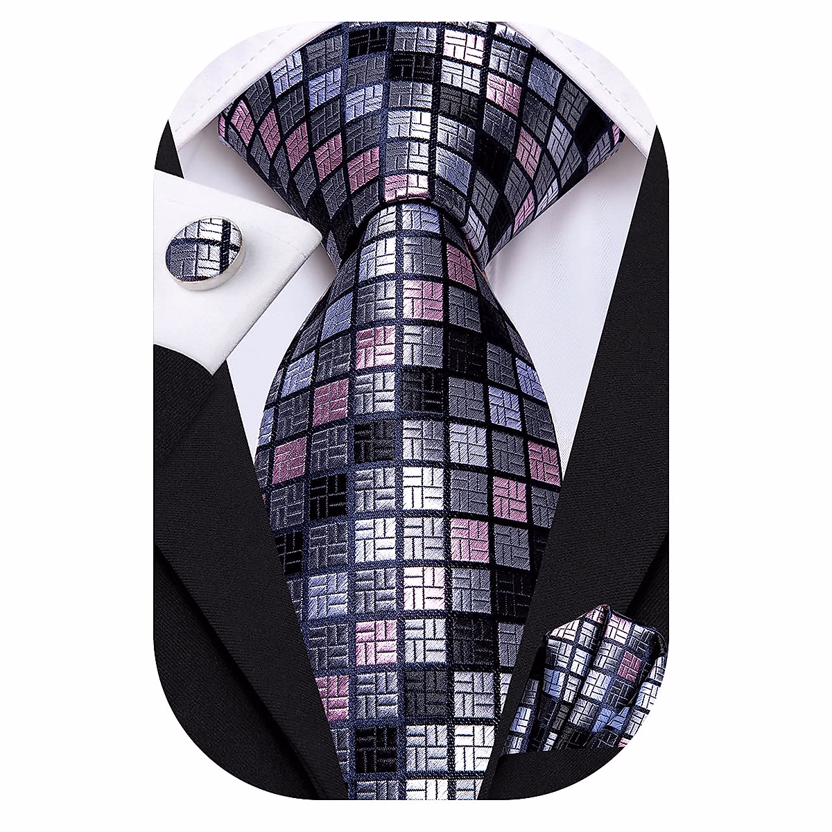 Hi-Tie Mens Plaid Ties Classic Paisley Necktie with Handkerchief Cufflinks Set Business Stripe Tie,Grey Pink