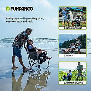 FUNDANGO Rocking Camping Chair for Adults, Oversized Portable Rocking Chair Outdoor Folding with Cooler and Side Pocket for Outside, Backyard, Patio, Lawn, Garden (Black/Grey)