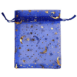 SUNGULF 100Pcs Sheer Organza Drawstring Pouches Stars and Moon Wedding Gift Bags Blue Color 4x5 Inches