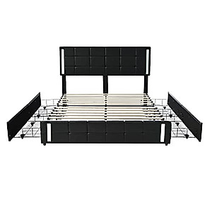 Livavege Queen Size Bed Frame with Square Headboard, LED Bed Frames with 4 Storage Drawers & USB Charging, Upholstered Platform Bed Queen with Wooden Slats Support, No Box Spring Needed