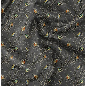 Soimoi Gray Heavy Canvas Fabric Leaves & Flowerpecker Bird Fabric Upholstery Fabric, Fabric for Home Accents Prints by Yard 58 Inch Wide