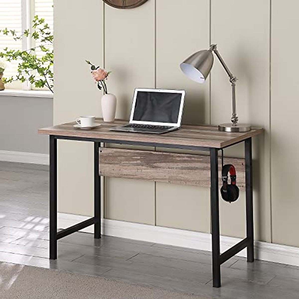 OUllUO Home Office Computer Desk, Writing Desk, Computer Table Desk,43 in Office Desk, Study Writing Table for Home Office, Simple Student Desk with Iron Headphone Hook,Metal Small Desk,Rustic Brown