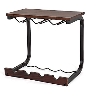 SODUKU Wine Rack Wall Mounted Handmade Metal & Wood Wine Countertop Rack Wine Storage Shelf with 4 Bottle Cages & 6 Long Stem Glass Holder Walnut