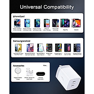 Dual Port 40W USB-C Wall Charger, Samsung Charger Block PD Power Adapter for iPhone 14/14 Pro/14 Pro Max/14 Plus/13 12 11 Pro Max, Samsung Galaxy S22 / S22 Ultra/S22 Plus/S21/S21 Ultra/S21 Plus-White