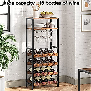 HOOBRO Freestanding Wine Rack, 16-Bottle Wine Storage Rack with Tabletop and Glass Holder, 6-Tier Bar Rack, for Kitchen, Bar, Dining Room, Rustic Brown BF04JJ01