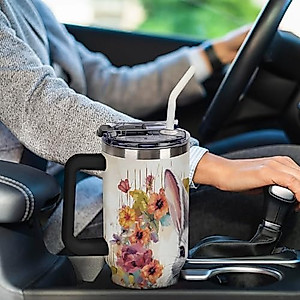 40 Oz Vacuum Tumbler with Black Handle Leakproof Insulated Tumbler Watercolor Rabbit And Flowers Stainless Steel Travel Mug with Lid And Straw Coffee Cup Cute Water Bottles Cup Holder Friendly