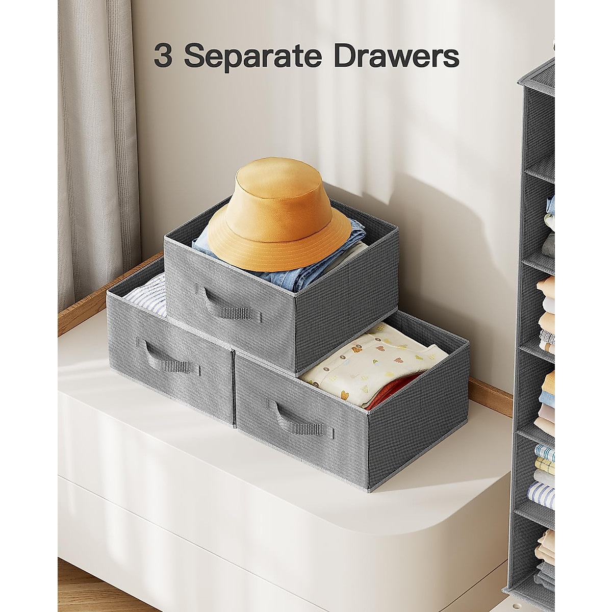 Pipishell Hanging Closet Organizer 6-Shelf, Hanging Shelves for Closet with 3 Removable Drawers & Side Pockets, Hanging Shelf Organizer for Bedroom or Garment Rack, 12'' x 12'' x 43.3'', Dark Gray