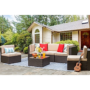 Vongrasig 6 Piece Small Patio Furniture Sets, All Weather PE Wicker Rattan Outdoor Sectional Sofa Conversation Couch with Glass Table, Cushions and Red Pillows, for Lawn, Garden, Backyard (Beige)