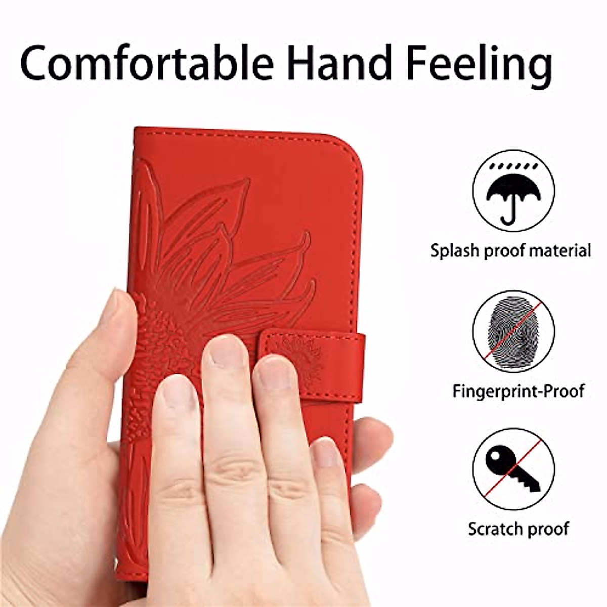 ONV Wallet Case for Oppo Realme 7 Pro - with 1.5M Strap Sunflower Flip Leather Case Embossment Card Slot Shockproof Kickstand Magnetic Cover for Oppo Realme 7 Pro [HT] -Red-T