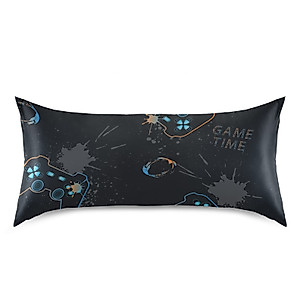 Oyihfvs Seamless Video Game Gamepad Joysticks in Black Blue Neon on Black Silky Satin Pillowcase for Hair and Skin, Soft Bed Pillow Cover, Decorative Silk Pillow Cases, Standard Size 20x26 inches