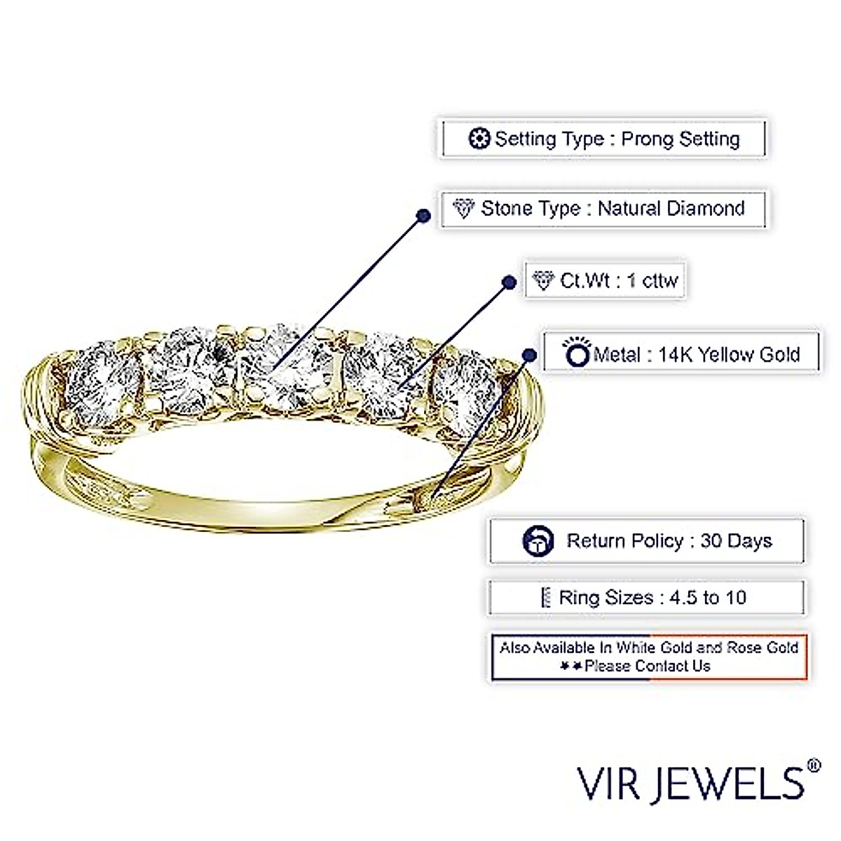VIR JEWELS 1 cttw 5 Stone Diamond Ring in 14K Yellow Gold Engagement Prong Set Round, Size 9.5