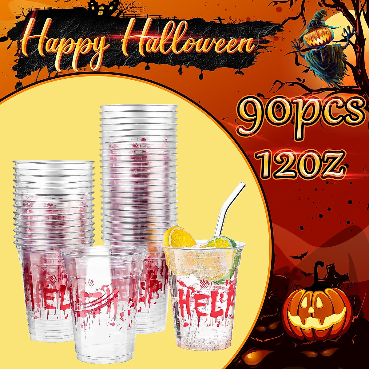 Meanplan 90 Pcs 12 oz Halloween Plastic Party Cups Disposable Clear Cups Scary Printed Party Cups Happy Halloween Cups for Liquor Coffee Juice and Hot Cold Drinks Party Supplies (Scary Style)