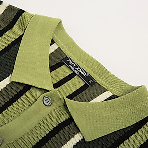PJ PAUL JONES Mens Short Sleeve Knit Golf Shirt Retro 90s Stripe Polo Shirts Green L