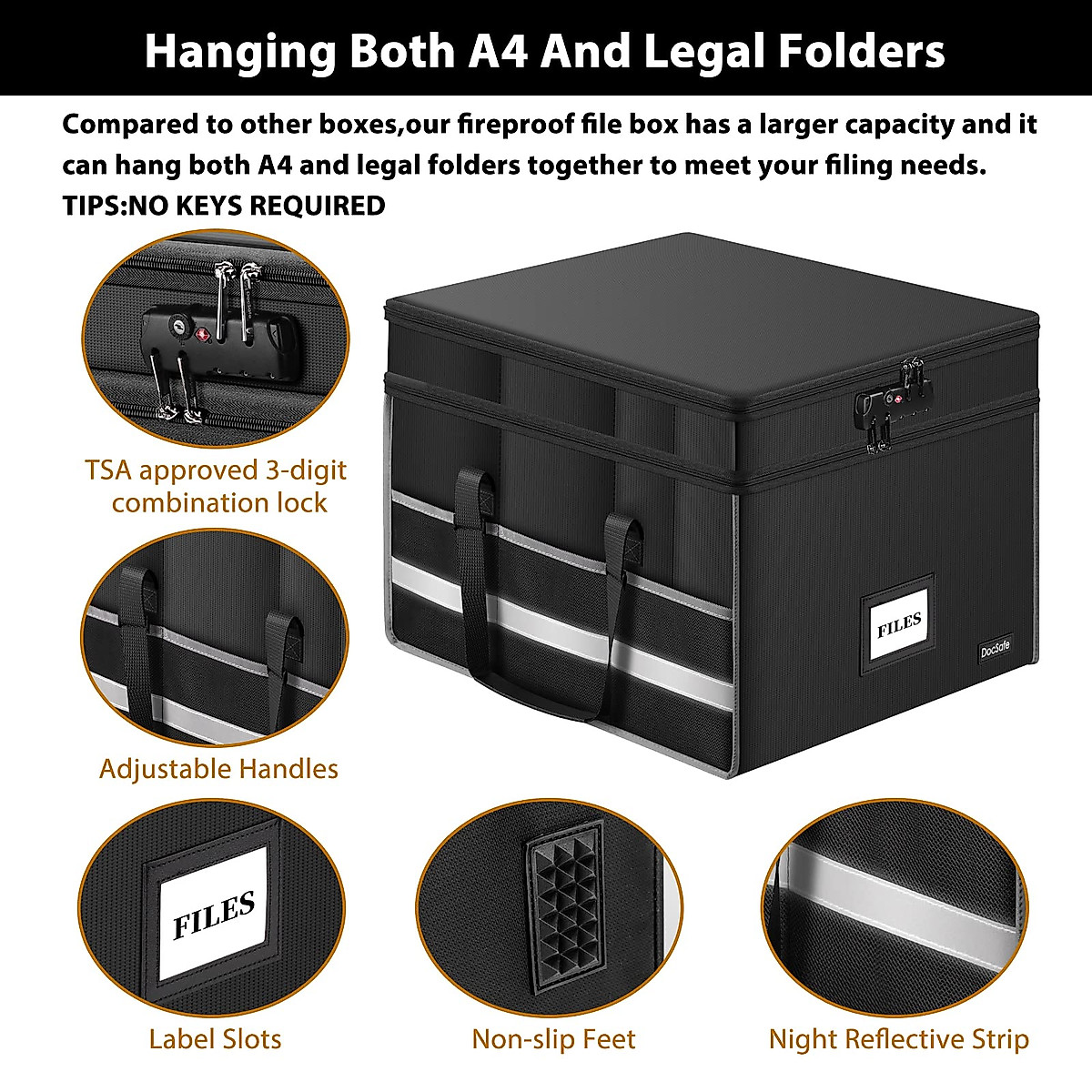 DocSafe Fireproof Document Box, Multi-Layer File Box with Lock,Portable Collapsible File Storage Organizer Box with Mesh Pockets,Large Home Office Filing Box for Hanging Both Letter and Legal Folders