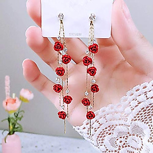 Red Rose Tassel Long Drop Earring 3D Rose Flower Drop Earrings CZ Crystal Rhinestone Rose Fashion Statement Dangle Earrings Purple Flower Tassel Earring Jewelry Bar Party Gifts for Women -Red A