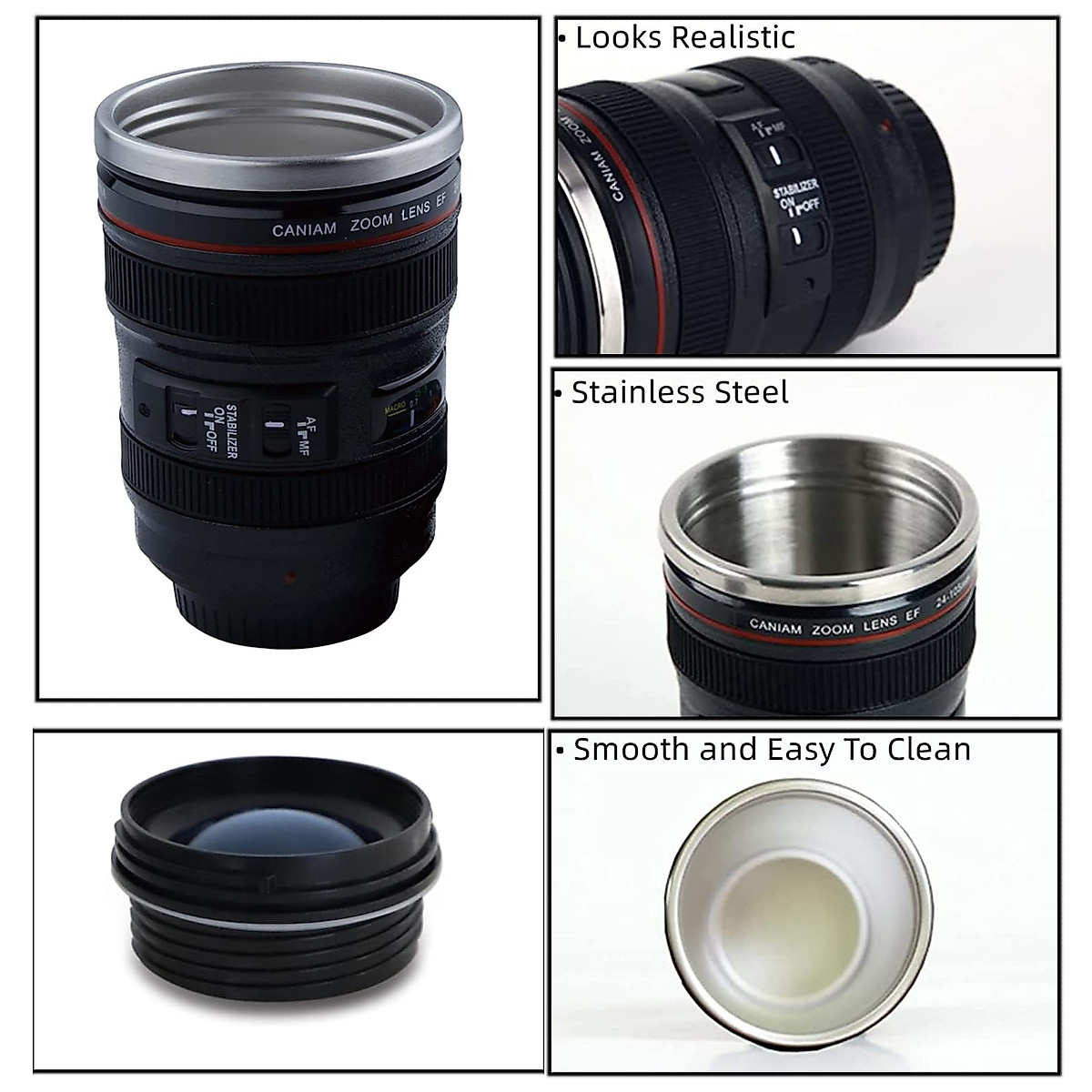 Camera Lens Coffee Mug, Cameras Lens Mug, Travel Coffee Photographers Mugs Stainless Steel Len Mug Interesting Custom Gifts for Women/Men (Black)