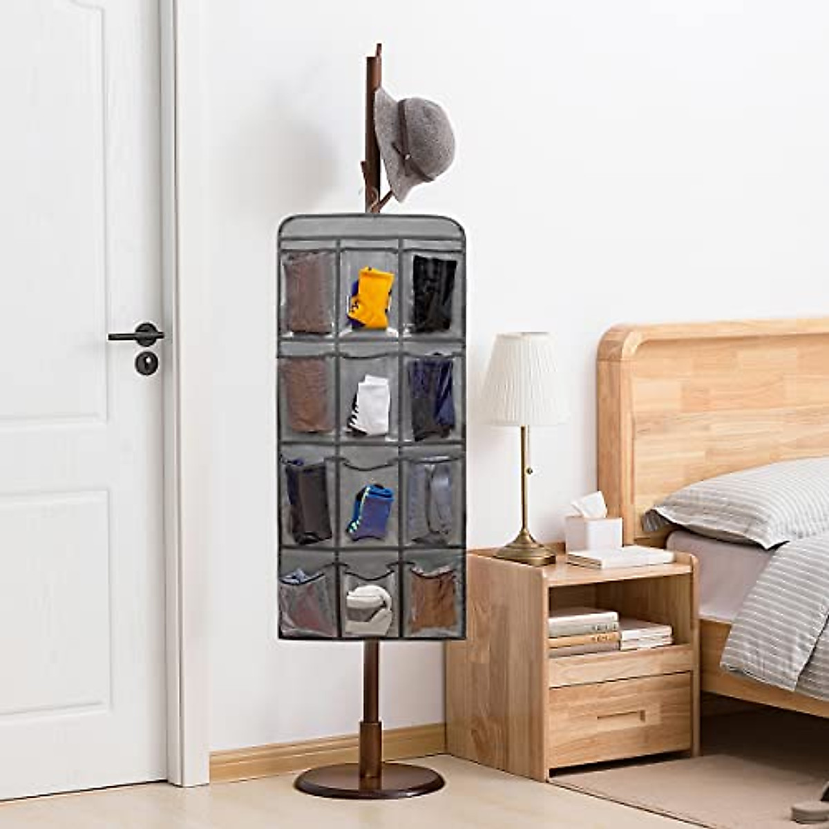 ANZORG Dual Sided Hanging Shoe Organizer for Closet with Rotating Hanger Hanging Shoe Rack Holder with 24 Large Pockets (GREY-Clear Pockets)