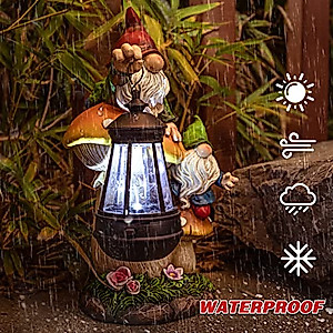 Ovewios Garden Gnome Statue, Large Funny Gnome Figurine Climbing on Mushroom and Holding a Solar LED Lantern Resin Ornament for Patio Yard Lawn Porch Outdoor Decor