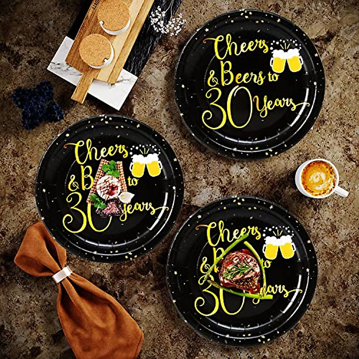 30th Birthday Party Supplies Cheers & Beers Tableware Set Cheers to 30 Years Plates 7"and Napkins for Black and Gold Birthday Supplies 30th Birthday Anniversary Whiskey Party Decorations (Serves 20)