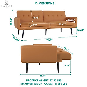 Naomi Home Monica Leather Futon Sofa, Caramel, Mid Century Modern Style, Faux Leather, Split Back, Tapered Legs, Living Room, 78.34x33.85x32.48 inches, 300 pounds Weight Recommendation