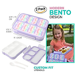 kinsho Unicorn Lunch Boxes for Girls, 4 Compartment Bento-Box Lunch-Box for Kids, Toddlers School Daycare Travel Snack Containers, Utensils, Rainbow Unicorns 2 PACK Set