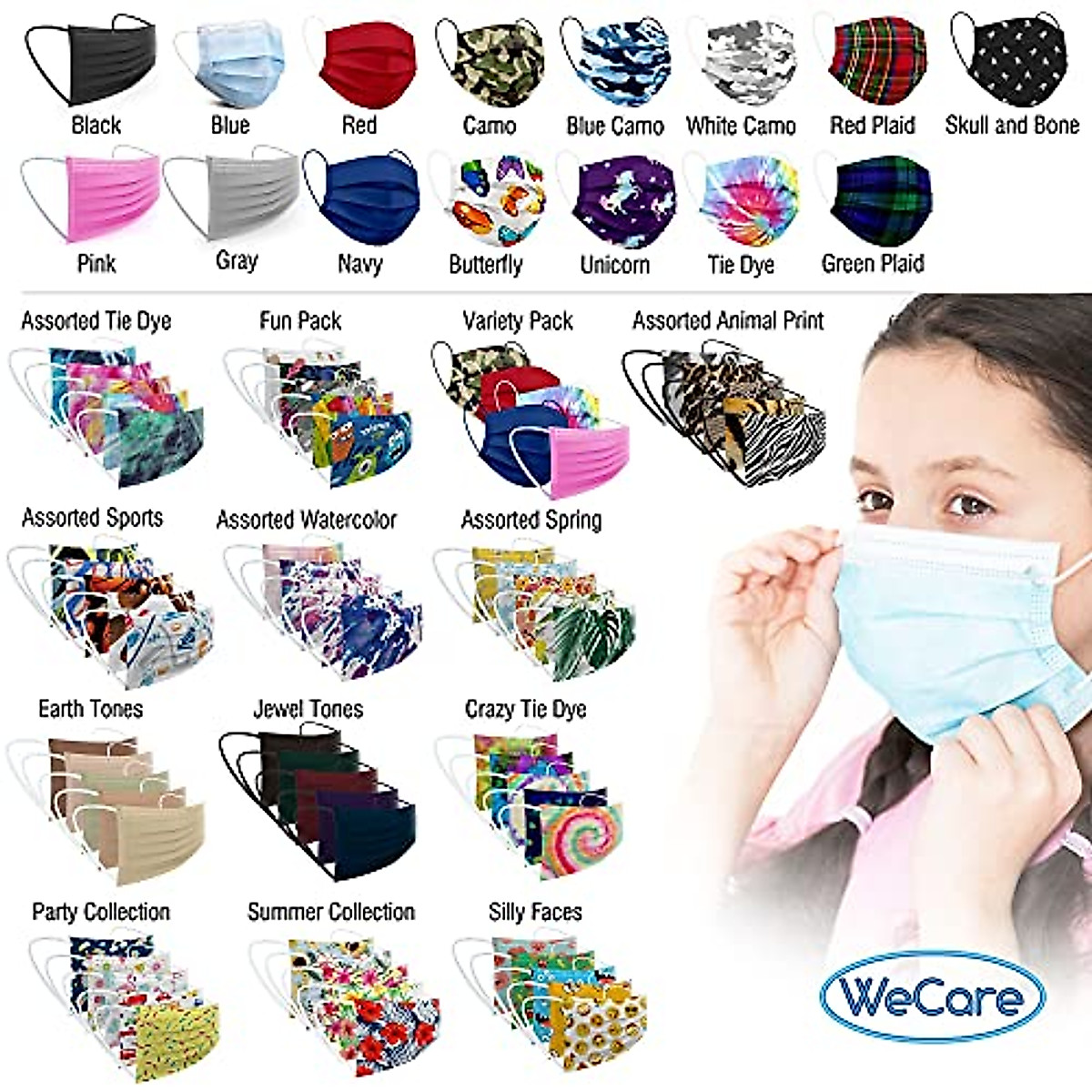WECARE Disposable Face Masks For Kids, 50 Sport Collection Face Masks, Individually Wrapped
