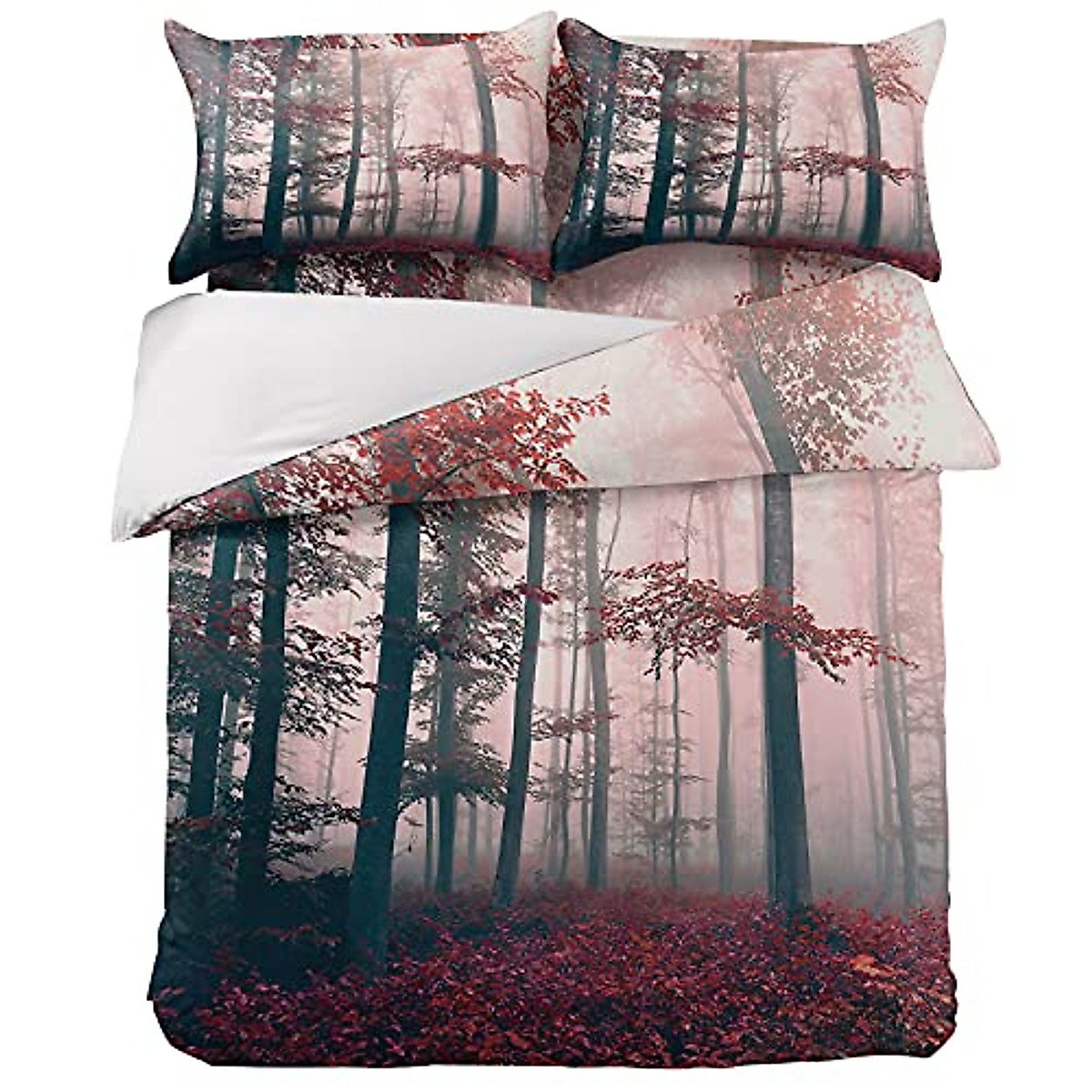 4 Piece Bedding Duvet Cover Set Aesthetic Forest Tree Red Leaves,Soft Bedspread Decorative Pillow Shams Microfiber Quilt Cover Nature Landscape,Washable Bed Sheet Comforter Set for Bedroom Hotel Twin
