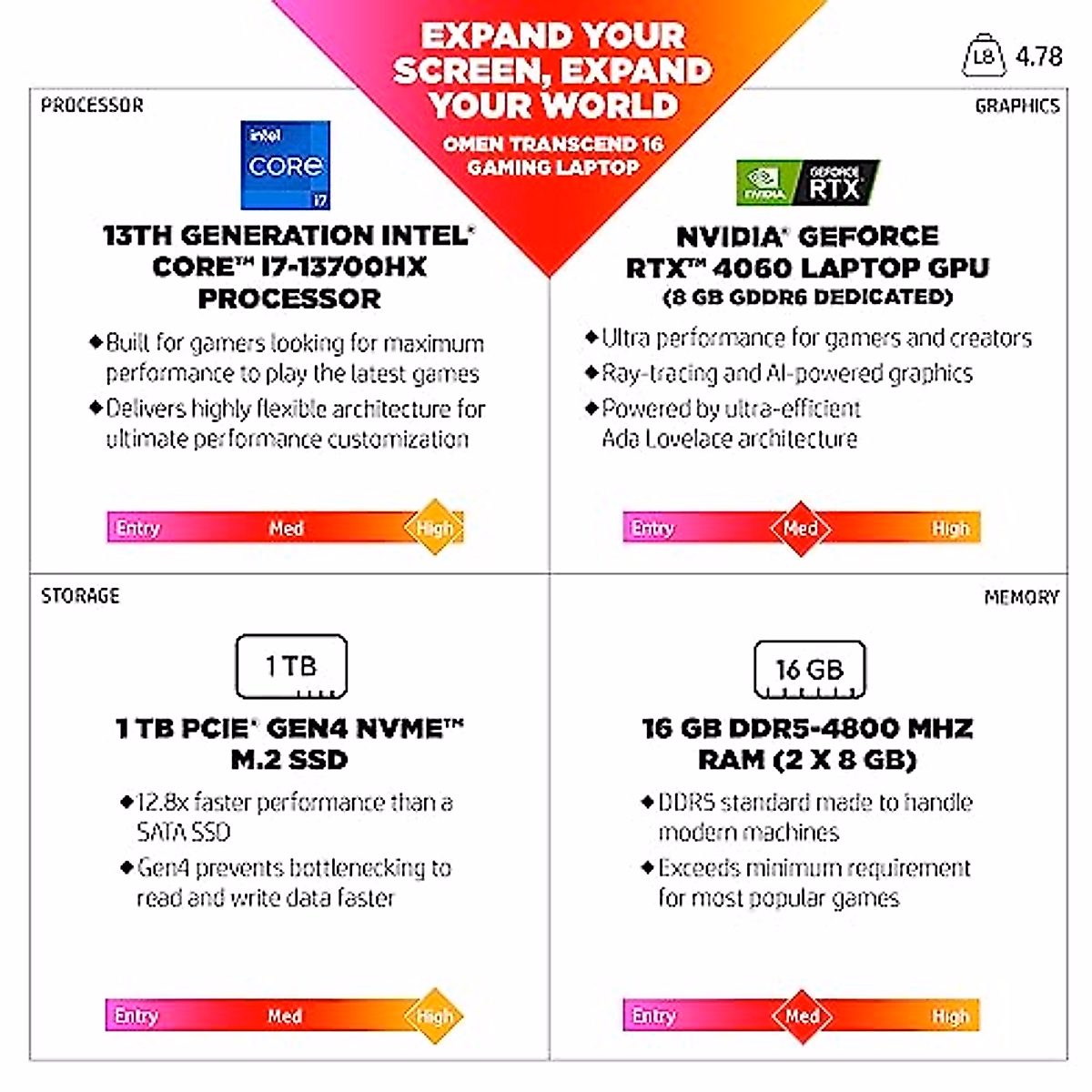 HP OMEN Transcend 16.1" Gaming Laptop PC, NVIDIA GeForce RTX 4060, Intel i7-13700HX, Refined 1080p IPS, HD Webcam (16-u0010nr).,Black