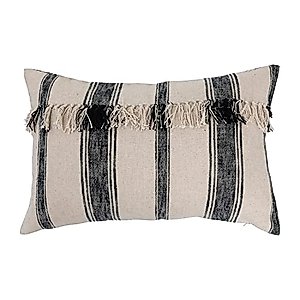Creative Co-Op Woven Cotton Lumbar Pillow with Stripes and Fringe