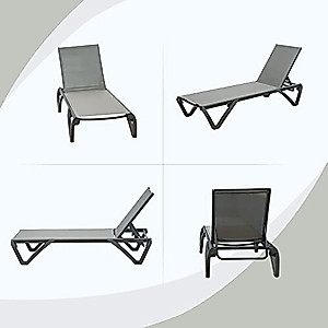 Domi Pool Lounge Chairs Set of 2, Adjustable Aluminum Plastic Outdoor Chaise Lounge, All Weather for Outside Beach Poolside Lawn-Grey Textilene