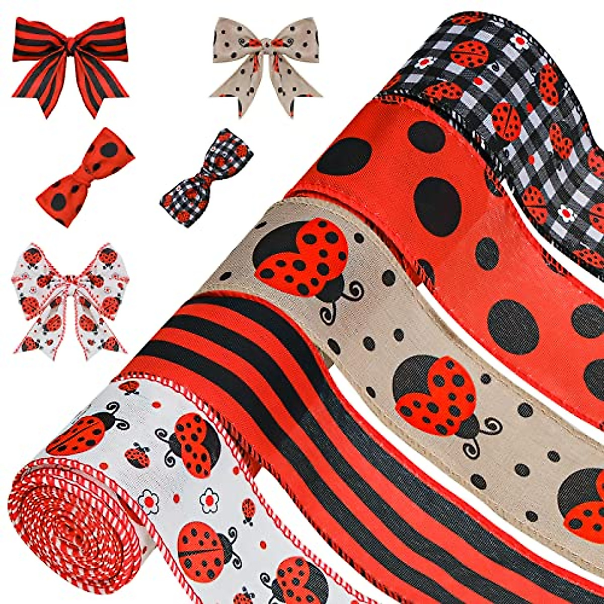 5 Rolls 2.5 Inch x 30Yards Ladybugs Canvas Ribbons Lady Bug Wire Edged Wrapping Ribbon Red Polka Dot Wired Edge Ribbon Grosgrain Red Dot Craft Ribbon for Crafting Wrapping Party Decoration