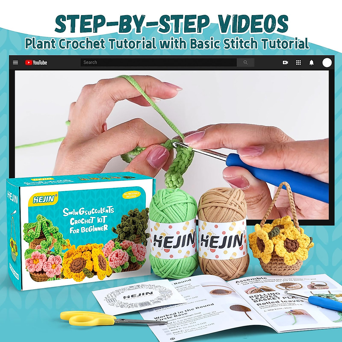 HEJIN Crochet Kit for Beginners, 5PCS Crochet Plant Kit for Adults Kids-Amigurumi Crochet Kit include Every Tool, Videos Tutorials, Crochet Starter Kit Learn to Crochet Kit Gift for Birthday, Easter