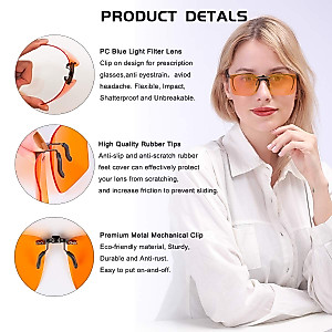 FONHCOO Clip-on Blue Light Blocking Glasses Womens Mens 2 Pack over Prescription Glasses Framless Lens Anti Eyestrain Headaches UV Filter Computer Gamer Eyeglasses