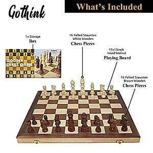 Gothink Wooden Chess Set Board Games Portable Folding Chessboard 15”x15” Puzzle Game with 32 Solid Wood ajedrez Chess Piece for Adults and Kids Travel Family Game Gift