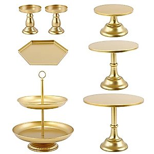 LIFESTIVAL 7 Pcs Gold Cake Stands Set Metal Cupcake Holder Candlestick Dessert Display Plate Serving Platter for Party Wedding Brithday Baby Shower Celebration Home Decoration