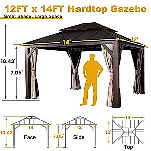 12' x 14' Gazebo, Outdoor Hardtop Gazebo with Wood Finish Aluminum Frame, Galvanized Steel Double Top Gazebo with Ventilation, All-Weather Metal Gazebo with Netting and Curtains, for Patios Gardens