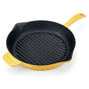 Lava Enameled Cast Iron Steak Grill Pan with Side Drip Spouts - 12 inch Round, Oven Safe Cast Iron Cookware, Skillet Frying Pan - Edition Series (Yellow)