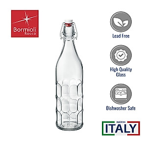 Bormioli Rocco Set Of 2 Moresca Bottles, 33.75 Oz. Clear Textured Glass, With Swing Top Hermetic Lid, Leak Proof Water Bottle, Dishwasher Safe, Made In Italy